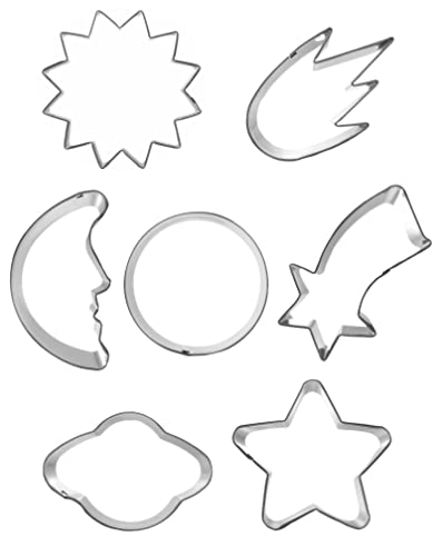 Planet Series Cookie Cutter Set of 7 pcs, Stainless Steel Universe Outer Space Fondant Cutters Set Pastry Biscuit Baking Clay DIY Molds for Kids