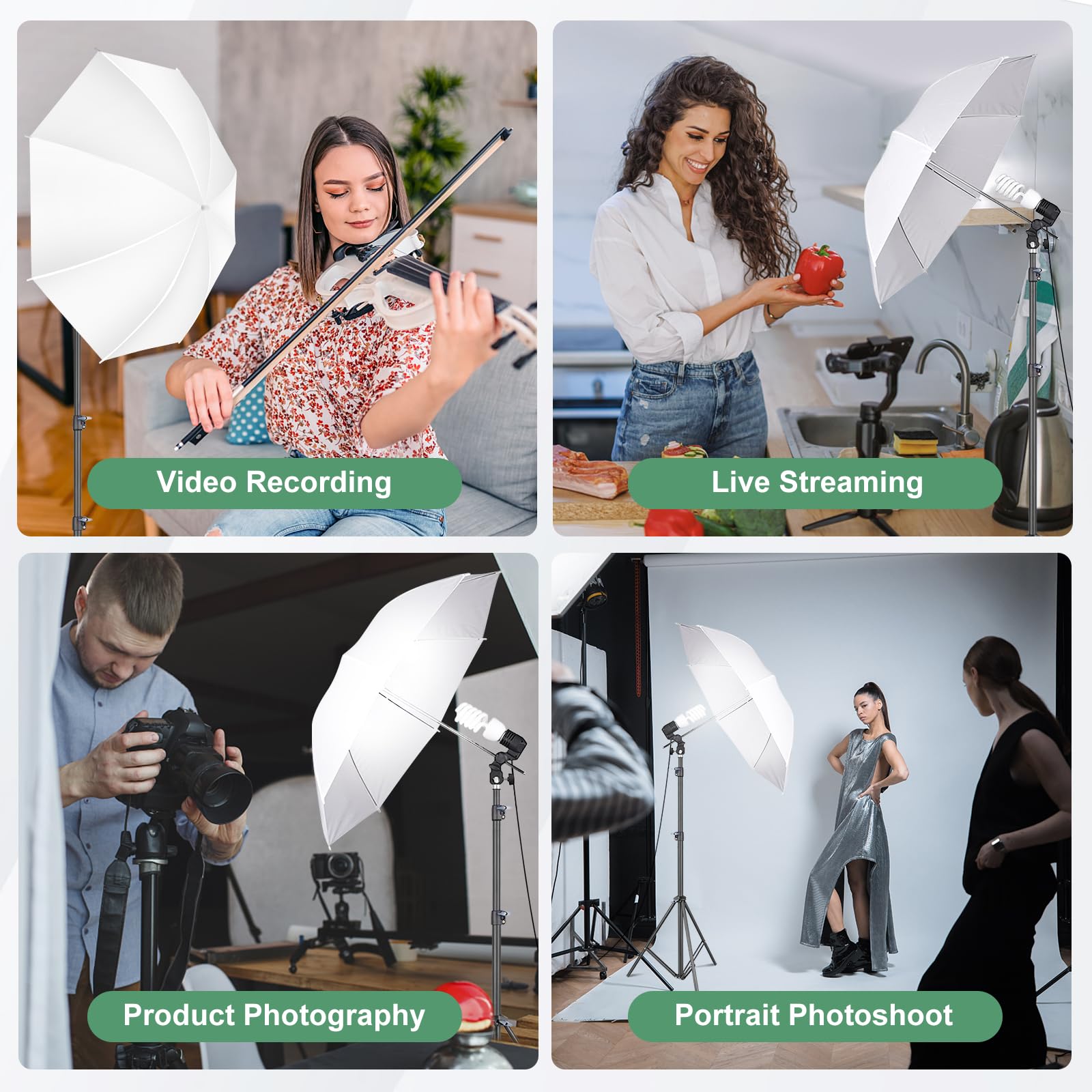 Nexiview Photography Umbrella Lighting Kit, 2 Pack 33" Soft White Reflector for Camera Lighting, Continuous Studio Lighting for Video Recording, Portrait Shooting