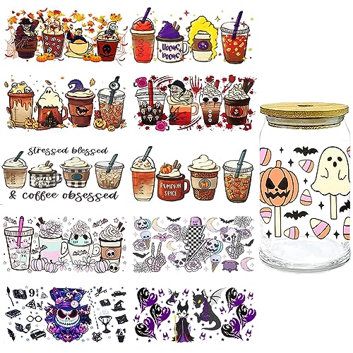 UV DTF Cup Wrap Transfer Stickers for Glass Cups Halloween Cups UV DTF Cup Wrap Transfer Cup Stickers Decals Waterproof Rub on Transfers for Crafts Vintage(Halloween-Cups)