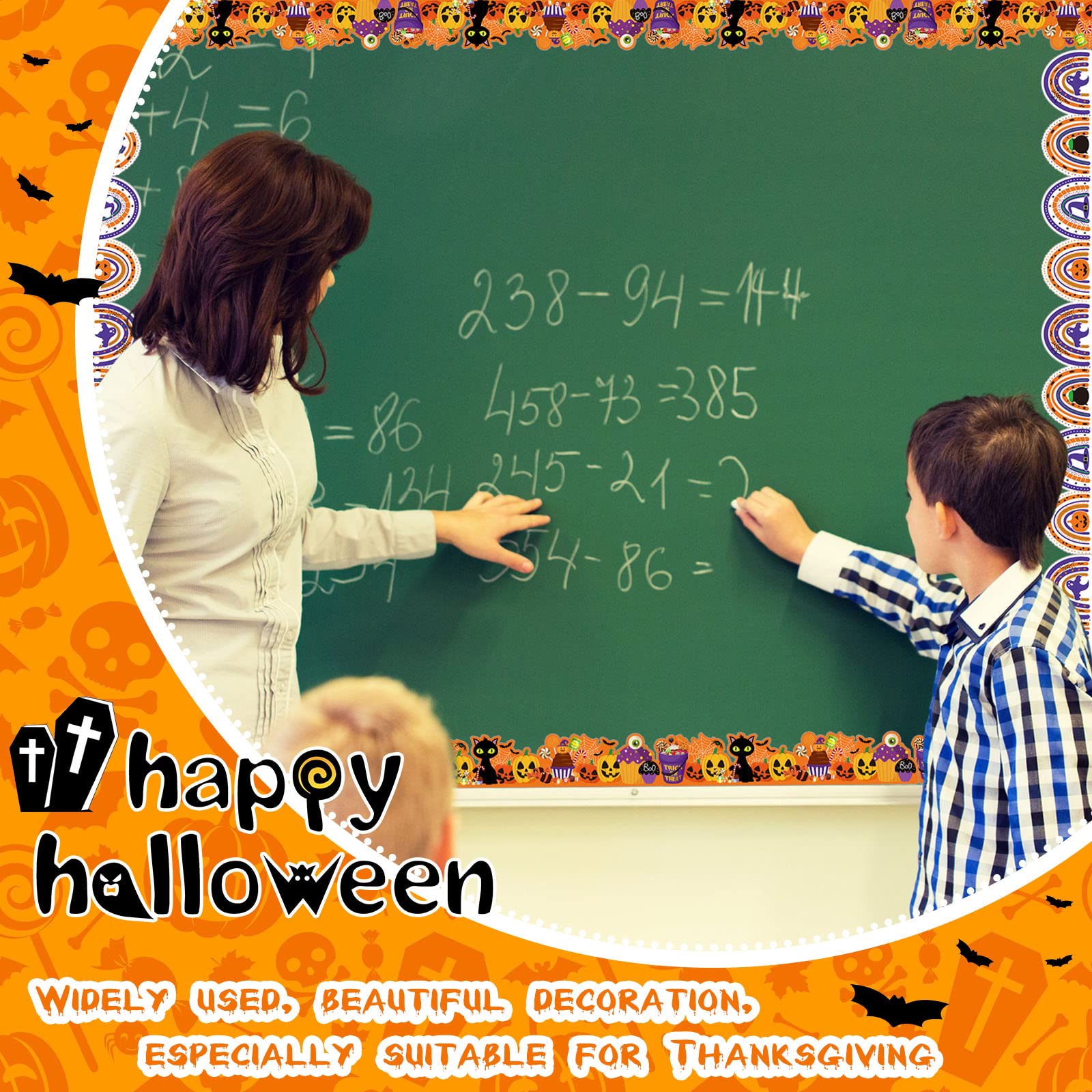 Nezyo 72 Pieces Christmas Bulletin Board Borders Thanksgiving Fall Bulletin Board Trim Halloween Winter Trim Rainbow Blackboard Border Sticker School Decoration Borders, 6 Styles (Cute Style)