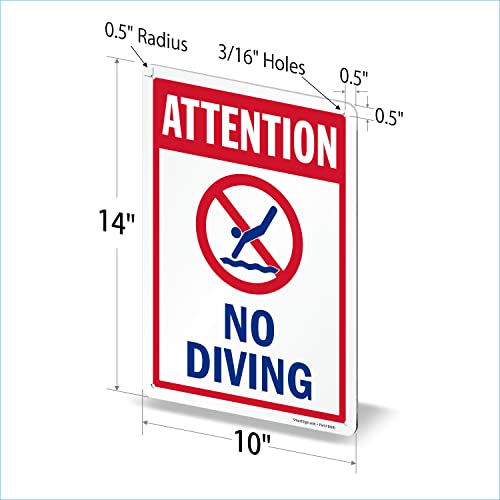 SmartSign 14 x 10 inch โAttention - No Divingโ Pool Metal Sign, 40 mil Laminated Rustproof Aluminum, Red, Blue and White