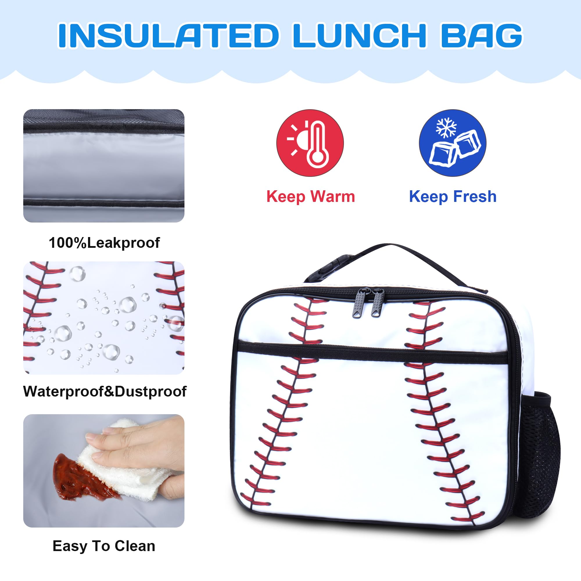 NHBTGSF Baseball Backpack for Boys,Kids Baseball Backpack for School,17inch Backpack Set with Lunch Bag and Keychain White
