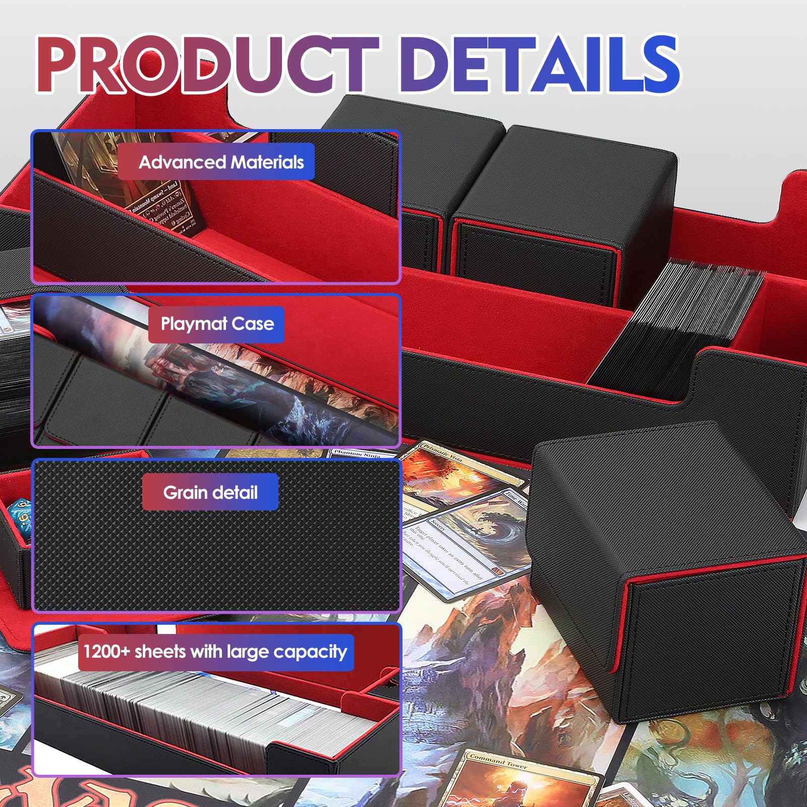 Scimi MTG Card Storage Box TCG Deck Case Holds Fits 5 Decks Card Box Or 800+ Sleeved Cards for MTG, YuGiOh, Uno, TCG, Trading Cards Sport Cards with Mat Case and Strong Magnet Closure (Black & Red)