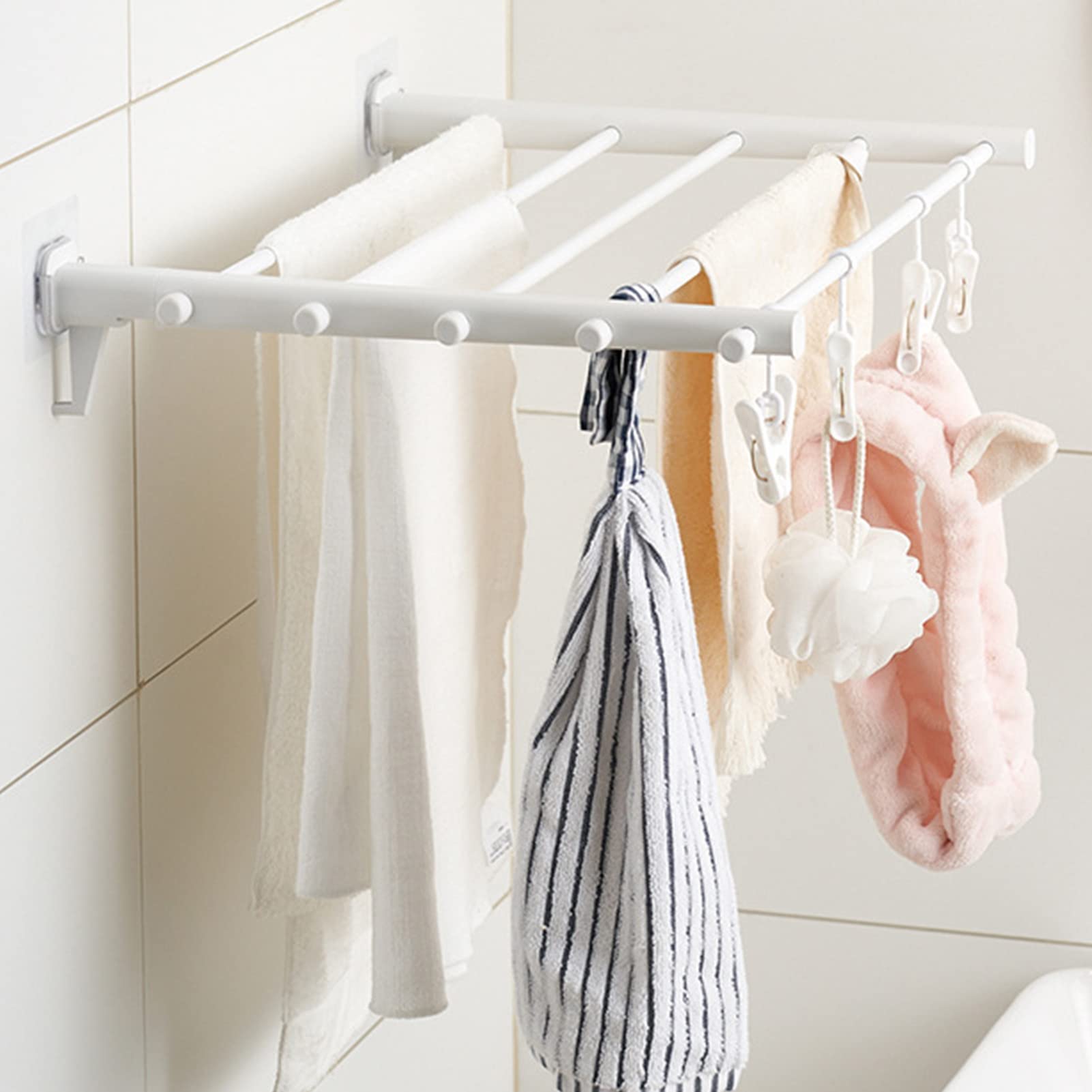 XTDHOMEDIAN Wall Mounted Clothes Drying Rack Folding Telescopic Plastic Laundry Rack for Indoor Balcony (600mm 8 Clips)