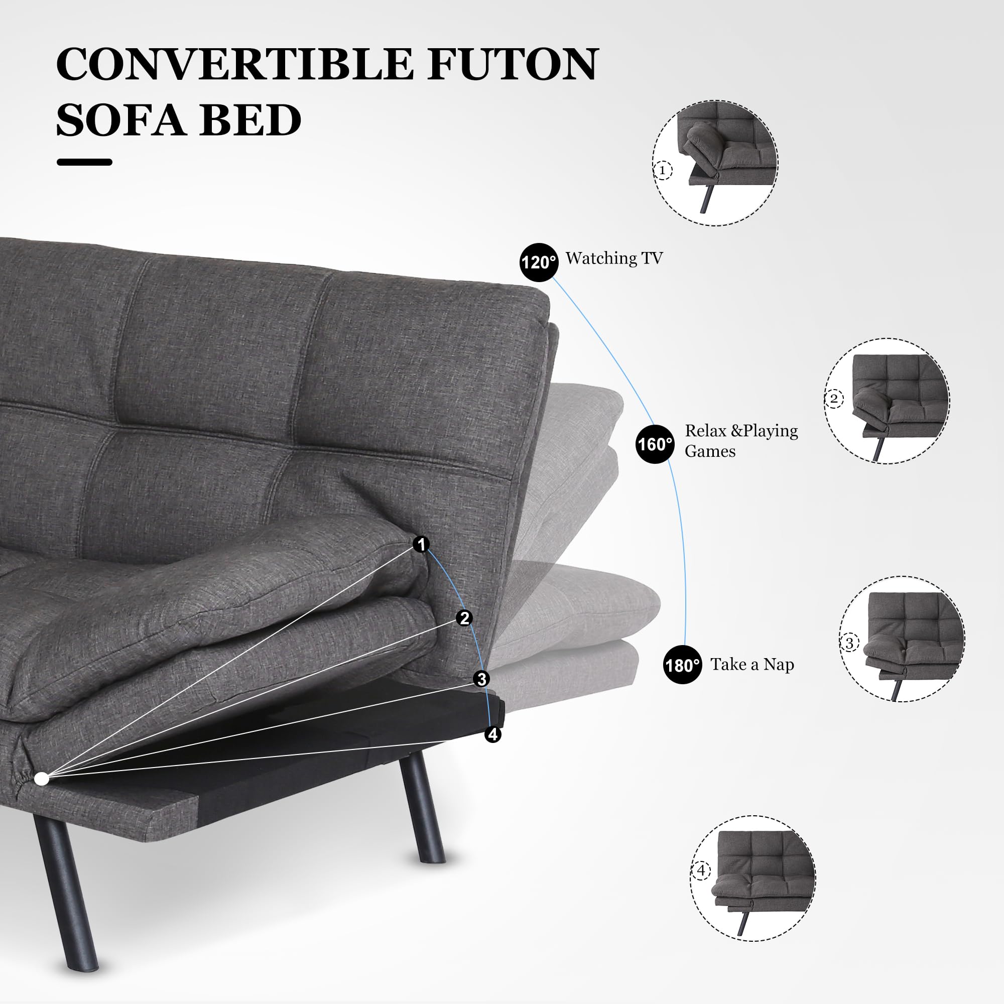 Xuanlur Futon Sofa Bed with Adjustable Backrests, Sleeper Couch with Adjustable Armrests, Convertible Sofa Couch Bed for Small Space,Apartment, Living Room, Grey