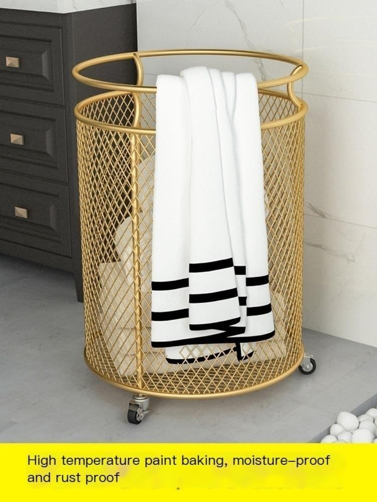 YDKJWB Metal Laundry Basket with Wheels, Round Mesh Dirty Clothes Hamper, Gold/Black/White Laundry Hamper, Storage Basket for Bathroom, Laundry Room, Living Room, Bedroom (Color : Gold)