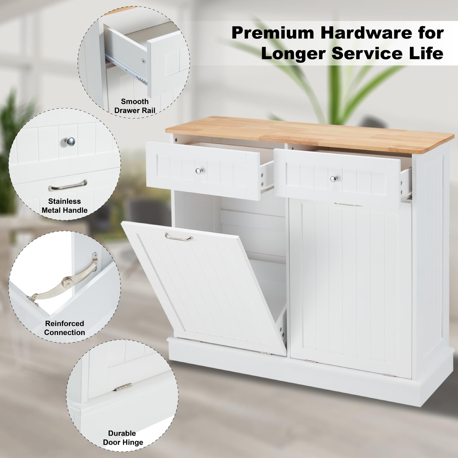 YDTOP Double Trash Can Cabinet, Trash Cabinet Tilt Out 20 Gallon, Wood Garbage Recycling Station Hideaway Trash Holder Drawers, Kitchen Dog Proof Trash Can(White)