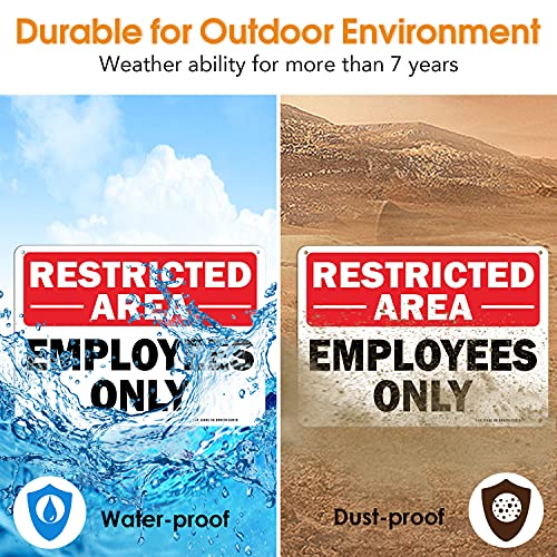 Restricted Area Sign Employees Only Sign - 2 Pack - 10 x 7 Inches Rust Free .040 Aluminum - UV Protected, Waterproof, Weatherproof and Fade Resistant - 4 Pre-drilled Holes