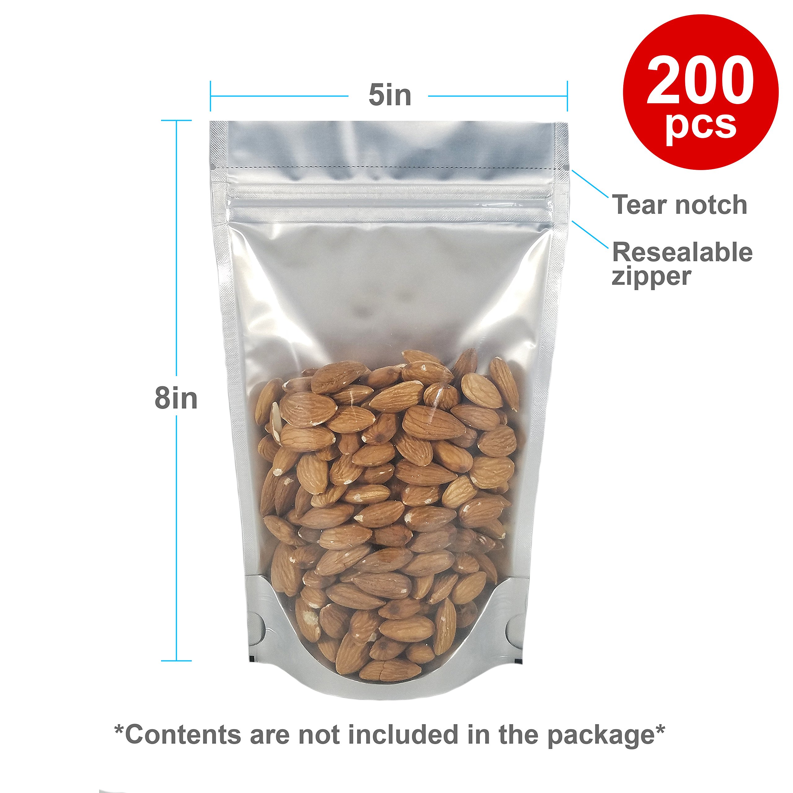 Silver/Clear Mylar Stand Up Bags Pouches with Zipper 5 X 8 X 2.5 inches (4 ounce) 200 pcs