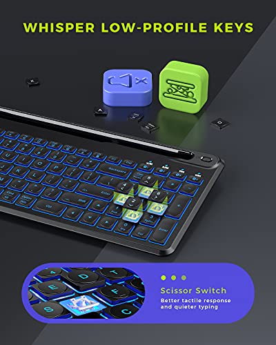 seenda Backlit Multi-Device Bluetooth Keyboard for Tablet Phone Computer - Wireless Illuminated Rechargeable Keyboard with Number Pad Connect Up to 4 Devices Compatible Mac Android iOS Windows
