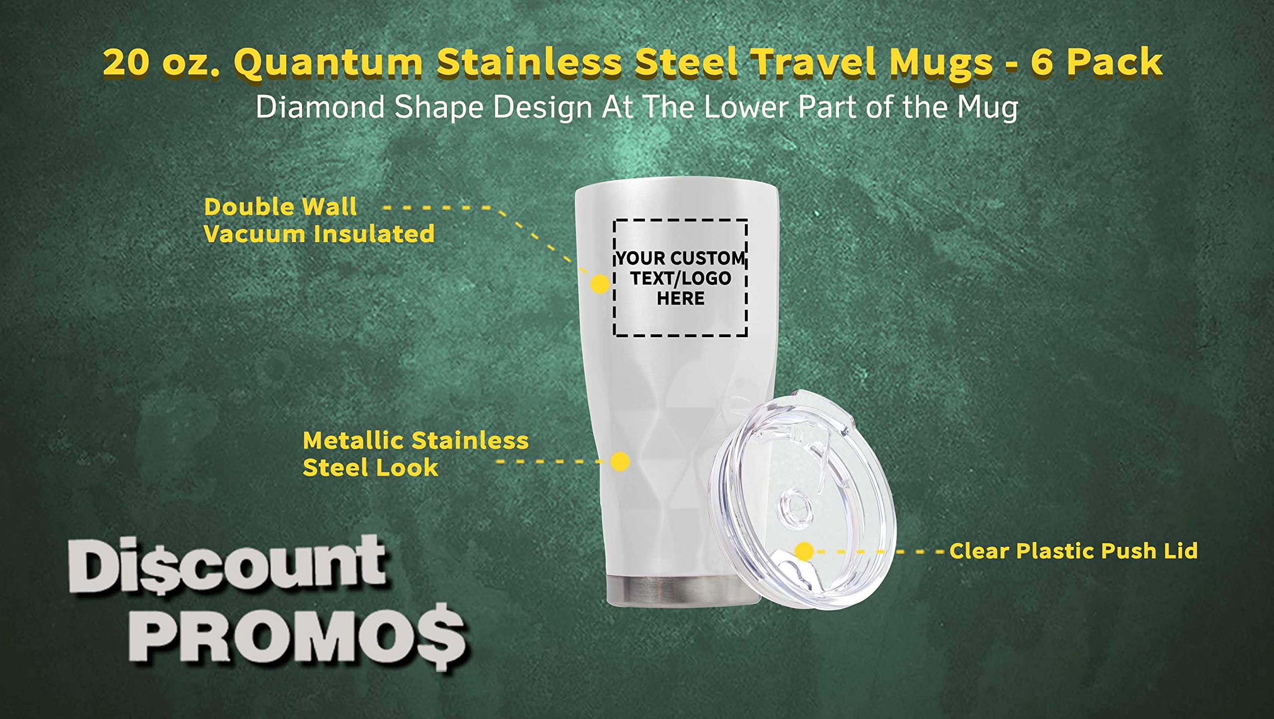 Personalized 20 oz. Quantum Stainless Steel Travel Mugs - 6 pack Custom Text, Logo - White