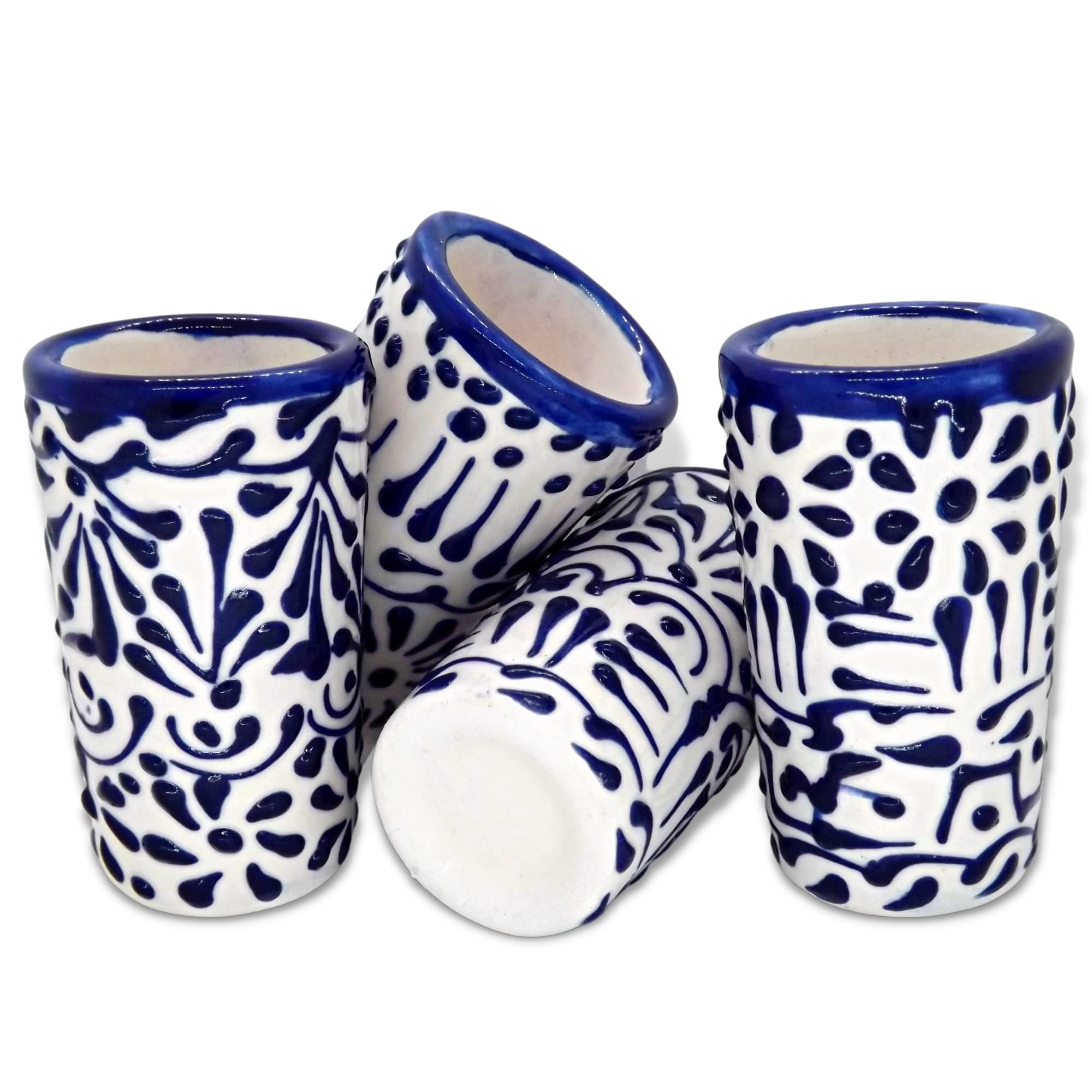 MEXTEQUIL - Talavera Shot Glasses Set of 4 Authentic Mexican Tequila Shot Glasses - Hand-painted - 2 Oz (Blue Lace)