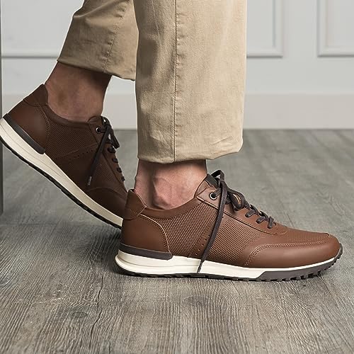VELEZ 9.5 Brown Mens Business Casual Sneakers + Top Grain Leather Backpack for Men Black Designer Bookbag Business Casual Shoulder Bag