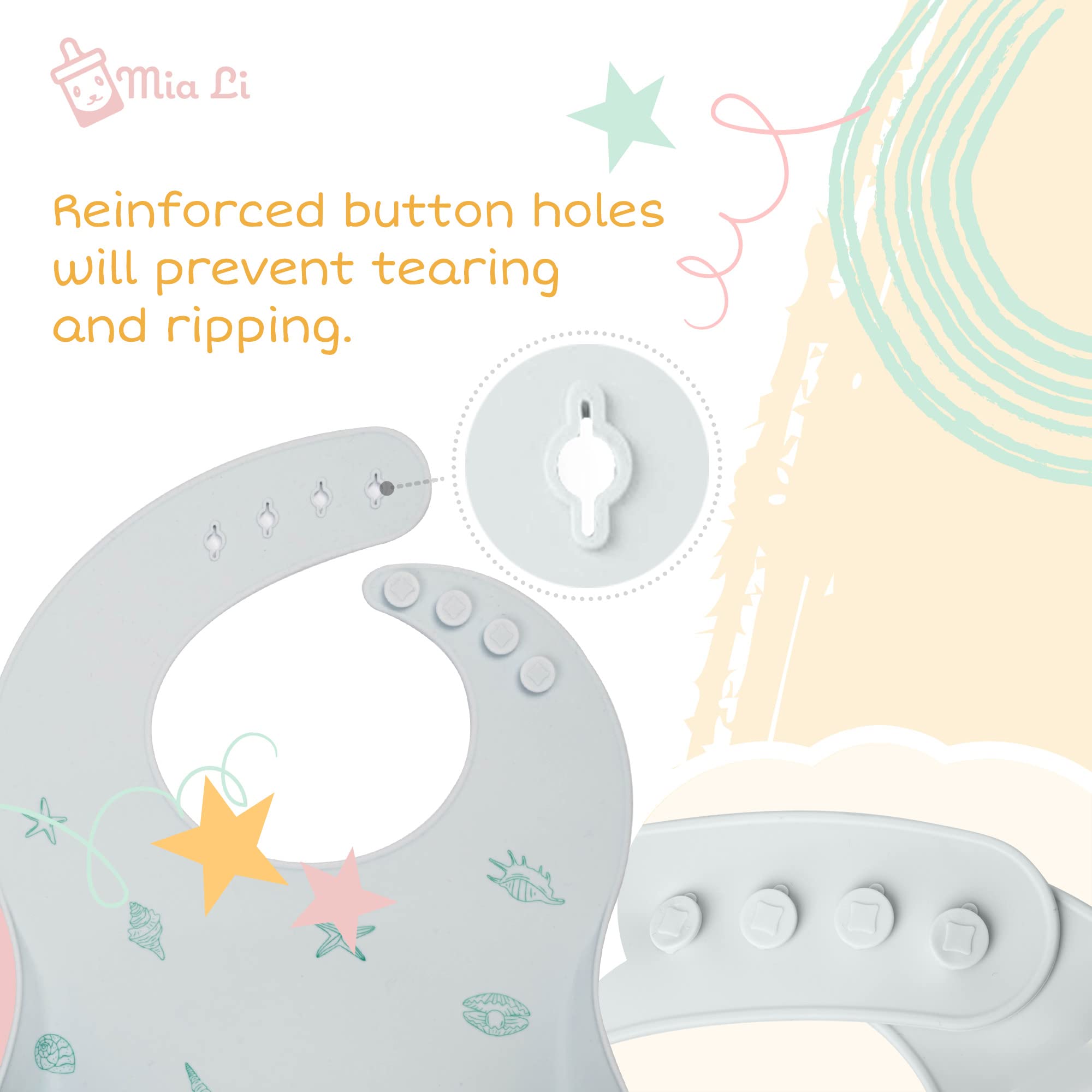 Mia Li Silicone Bibs – 3pcs Waterproof Silicone Bib Set – Silicone Baby Bibs for Girls and Boys - Baby Bib Pocket with Adjustable Closure – Non-Messy Toddler Bib (Seashells - Cloud, Sage & Stone)
