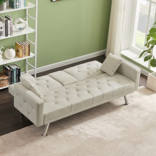 Verfur Linen Upholstered Futon Bed with 2 Cup Holders,Button Tufted Convertible Folding Loveseat, Small Lounger Sofa & Couch for Compact Living Spaces,Apartment, 75.59", Beige
