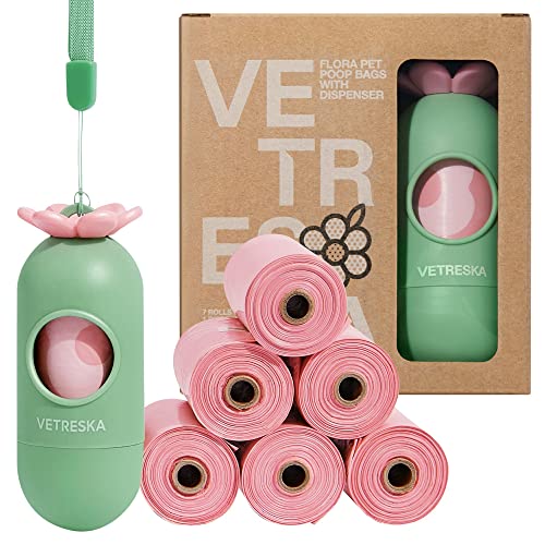 VETRESKA Dog Poop Bag Dispenser with Lavender Scented Dog Waste Bags, Extra Thick and Compostable Pet Waste Bag, 105 Bags with Unique Flower Shape Dog Poop Bag Holder for Dogs