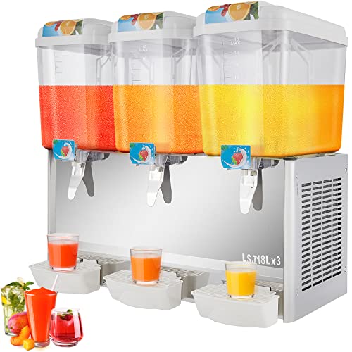 VEVOR Commercial Beverage Dispenser, 14.25 Gallon 3 Tanks Commercial Drink Dispenser, 350W Food Grade Material Stainless Steel Commercial Juice Dispenser With Thermostat Controller for Cold Drink
