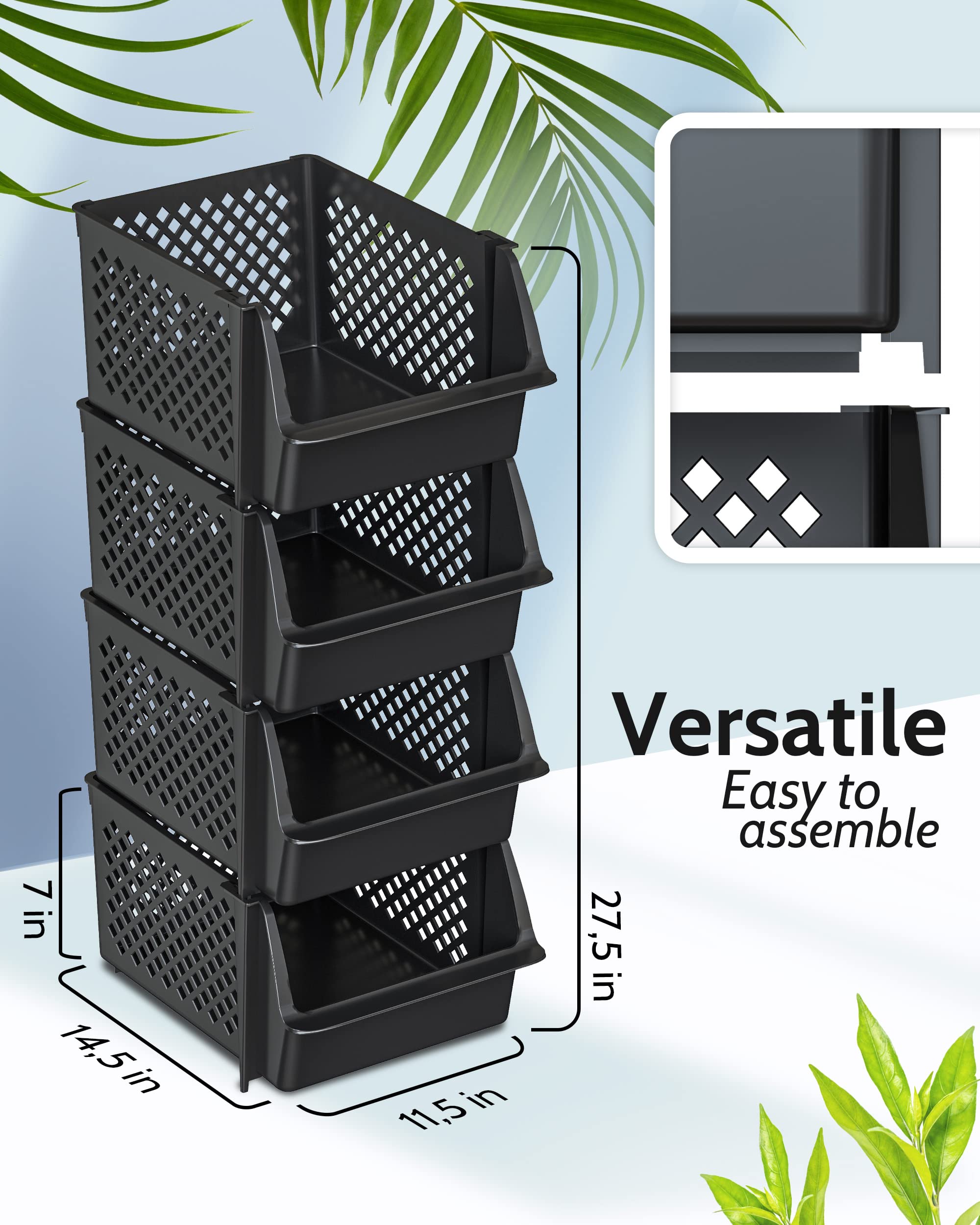 Skywin Plastic Stackable Storage Bins for Pantry - 12 Pack Black Stackable Bins For Organizing Food, Kitchen, and Bathroom Essentials