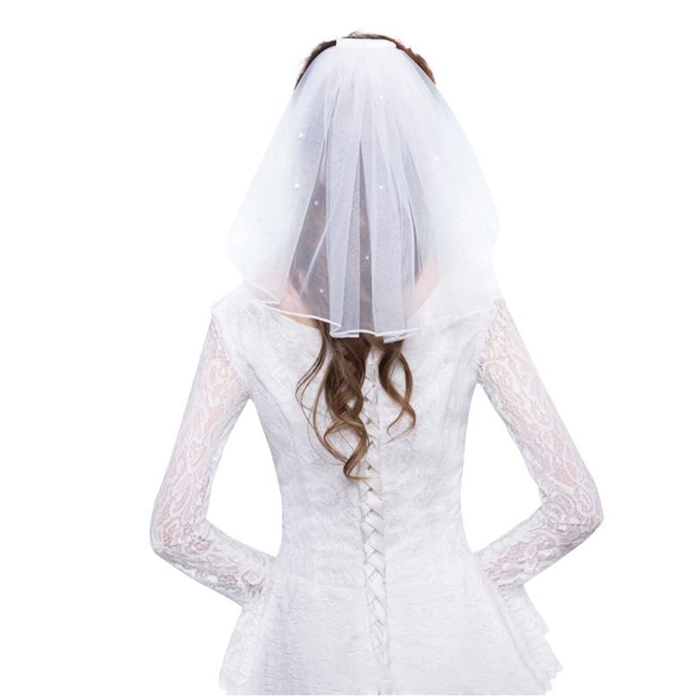 Sekhluno Wedding Veil, 1 Tier Pearl Bridal Veil with Comb Women's Short Veils (White)