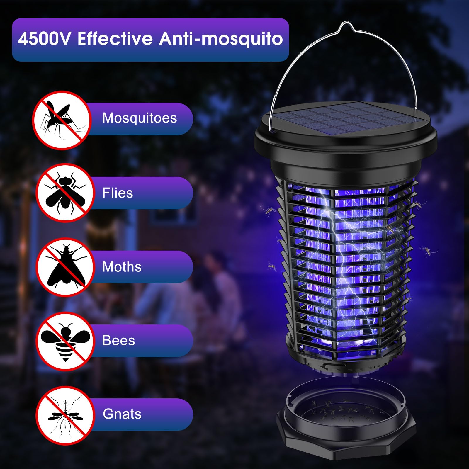 Solar Bug Zapper for Outdoor & Indoor, USB Rechargeable Mosquito Killer Lamp with UV Light, 4500V Electric Fly Traps, 5.5W Insect Zapper for Patio, Home, Backyard, Garden, Camping