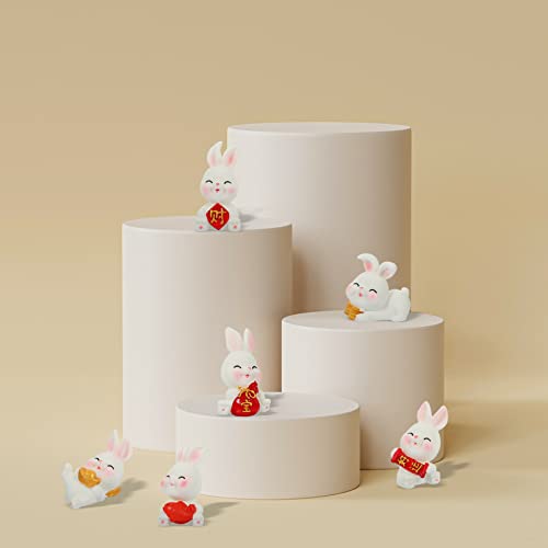 Sewroro 6pcs Mini Rabbit Figures Lucky Fortune Miniature Bunny Figurine Statue Animal Model 2023 Chinese New Year Car Decoration Souvenir Gift DIY Micro Garden Landscape Succulent Bonsai
