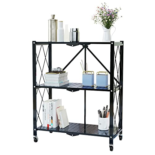 Wellynap 3-Tier Foldable Standing Shelf, Metal Rack Storage Shelving Units with Rolling Wheels, Moving Easily Organizer Shelves Great for Garage Kitchen, Black