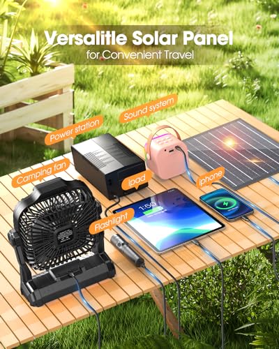 Solar Camping Fan 10400mAh, Solar Powered Fan with Solar Panel, 7W Rechargeable Battery Operated Fan for Outside, LED Lantern, Stepless Speed and Quiet Battery Powered Solar Tent Fan for Picnic,Office