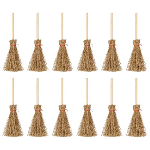 Sewroro 12pcs Mini Broom Hanging Witches Prop Broom Miniature Artificial Mini Straw Brooms for Halloween Party Prop Hangings Decorations