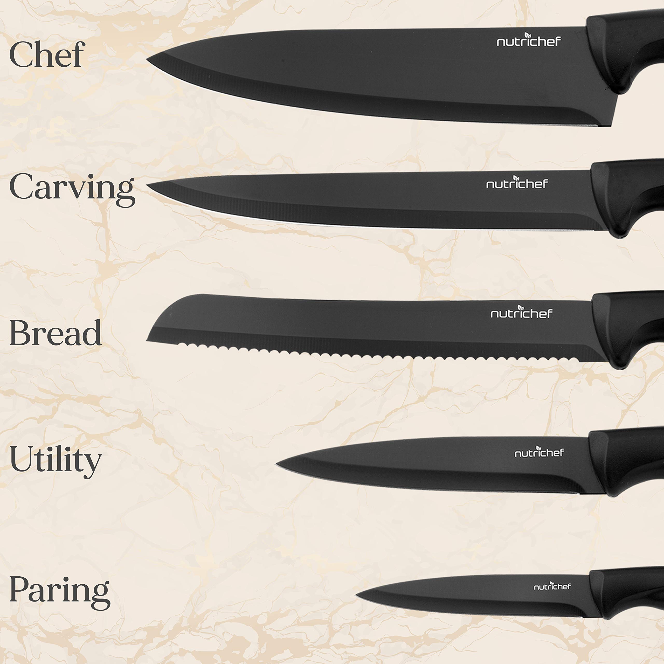 NutriChefKitchen 7 Piece Kitchen Knife Set - Stainless Steel Kitchen Precision Knives Set w/ 5 Knives & Bonus Sharpener, Acrylic Block Stand - Cutting Slicing, Chopping, Dicing - NCKNS7X.5