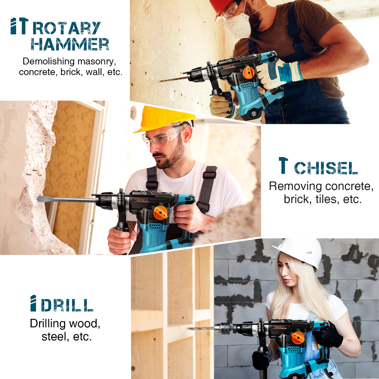 SHALL 1-1/4 Inch SDS Plus Heavy Duty Rotary Hammer Drill, 1500W Rotomartillo, 6 Variable Speeds, Flat Chisel, Point Chisel and 3 Drill Bits Included, for Drilling, Hammering, Chiseling, 0-950 RPM