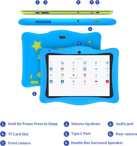 SGIN Android 12 Kids Tablet, 10 Inch Tablet for Kids, 2GB+32GB Toddlers Learning Tablet with Case, Parental Control, Games, Dual Camera, Bluetooth, WiFi(Blue)
