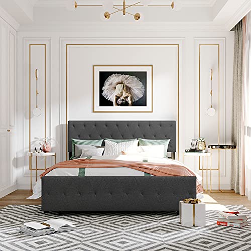 Voohek Queen Size, Metal Platform, Upholstered Headboard,with Storage Space,Gray Bed Frame