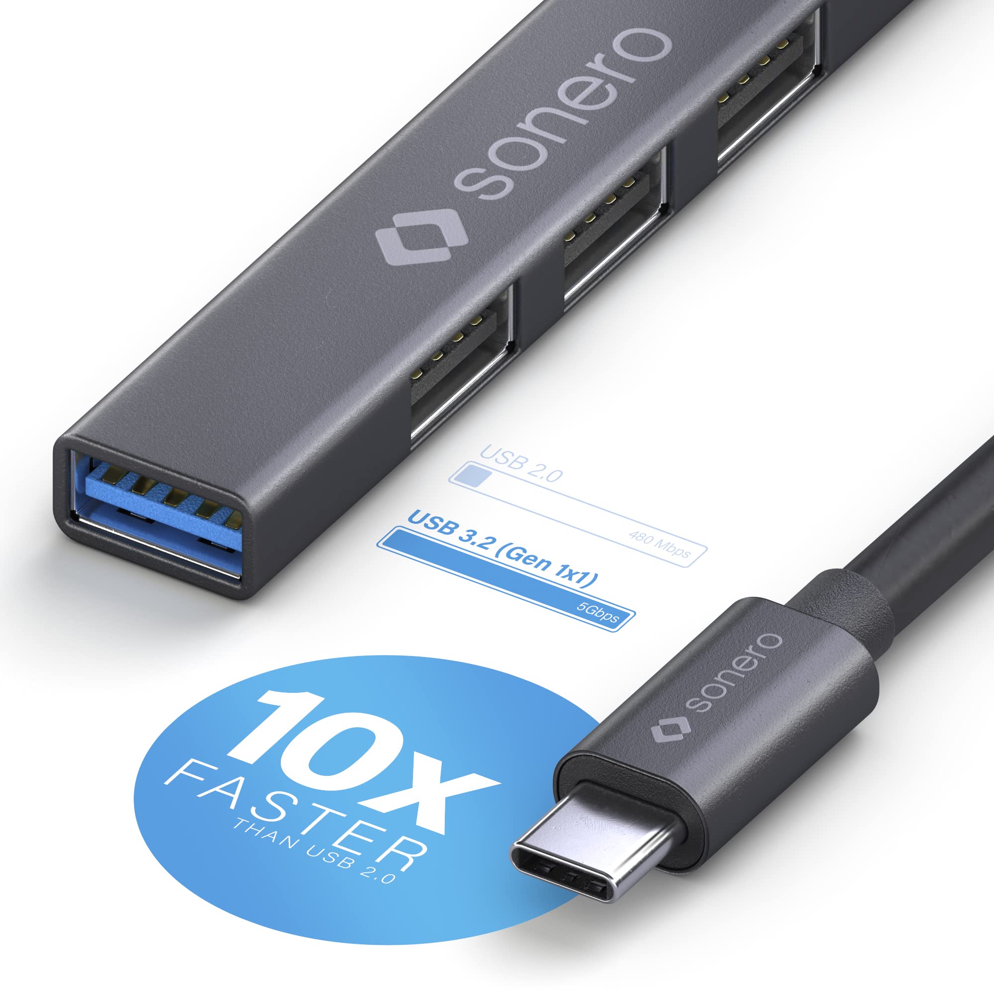 Sonero S-UH110-001 USB Hub, USB Distributor, 4-Port, 1x USB 3.2 with 5 GB/s, 3X USB 2.0 with 480 MB/s, USB-C Plug, Ultra Slim, Space Grey, 0.15 m