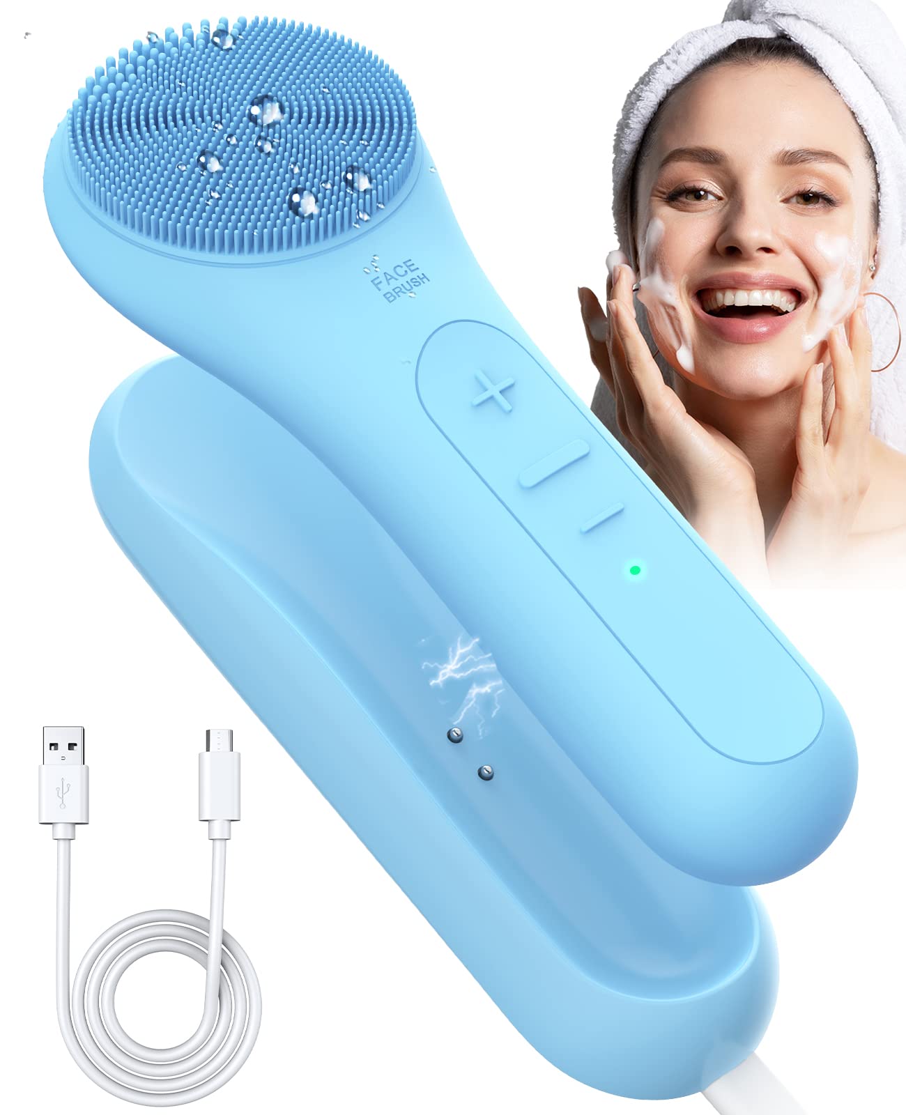 Sonic Silicone Face Scrubber for Sensitive Skin Waterproof Electric Facial Cleansing Brush with Base, Jack&Rose Inductive Charging Face Exfoliator Brush—Sky Blue