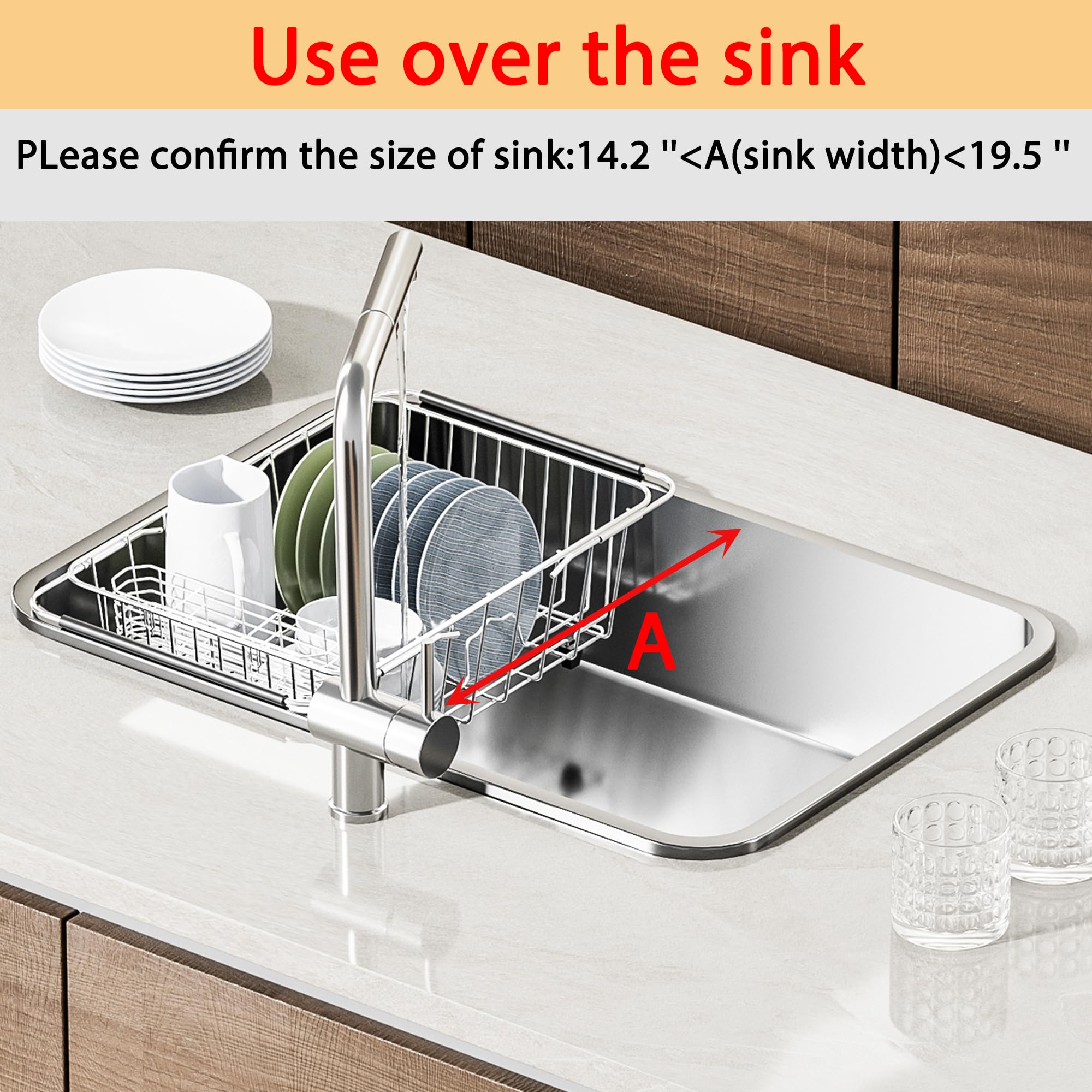 NiuYichee Expandable Dish Drying Rack, Drainage Rack Over Sink, Stainless Steel Dish Drainer Rack Organizer in Sink, Dish Drainer Basket Shelf on Counter, with Stainless Steel Utensil Holder