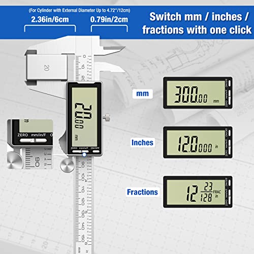 Raynesys Digital Caliper 12 Inch with Large LCD Screen, Inch/MM/Fraction Conversion, 300mm Micrometer Caliper All Stainless Steel Diameter Measuring Tool for Jewelers/Woodworkers/DIY