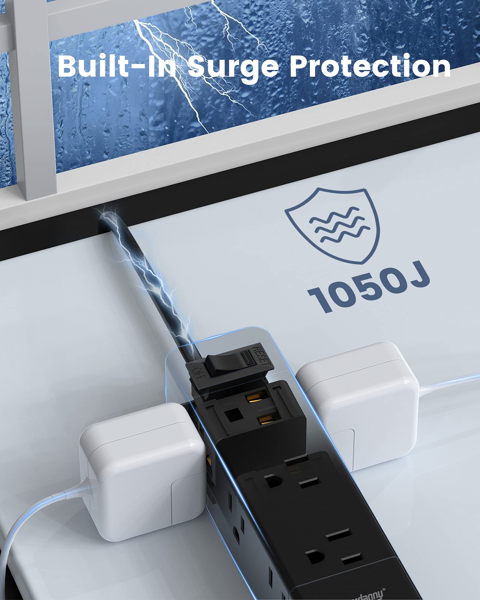 Power Strip Surge Protector, 9 Widely Spaced Outlets with 3 USB Ports, 3 Side Outlet Extender with 6.5 Ft Extension Cord, 1050 Joules, Flat Plug, Wall Mount Charging Station for Home Office Dorm Black