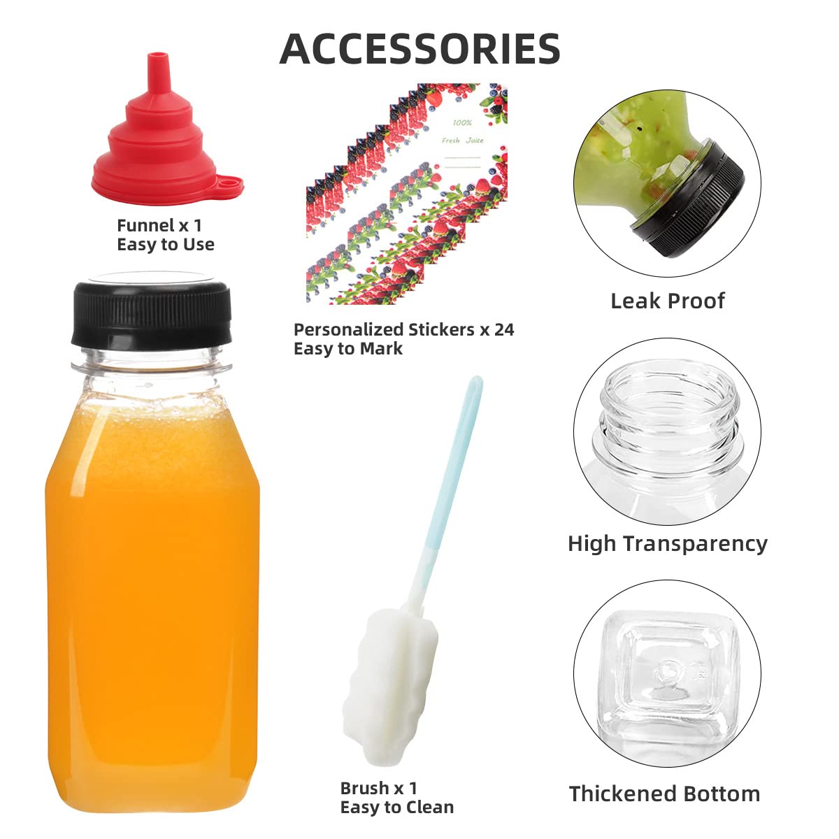 OAMCEG 36 PCS Juice Bottles with Caps, 8 oz Small Bottles for Liquids, Plastic Containers with Lids, Clear Juicing Bottles Reusable, Mini Fridge Bottles for Juicing, Smoothie, Drinking, Beverages