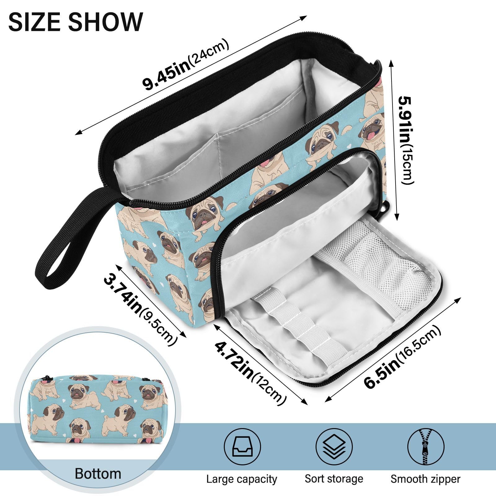 YMGQYJ Large Capacity Pencil Case Funny Cartoon Pugs Puppies Pattern, Stationery Organizer Pencil Pouch Bag for Office Travel 1 Pack 9.4x3.7x5.9 in