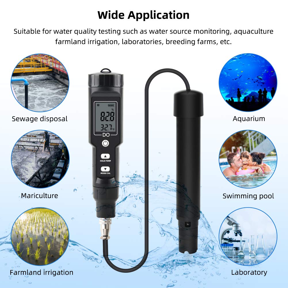RCYAGO Portable Dissolved Oxygen and Temperature Meter, DO Range: 0-40.00 mg/L, 0.1 mg//L Resolution, Digital Dissolved Oxygen Meter with Electrode Filling Fluid (No Backlight)