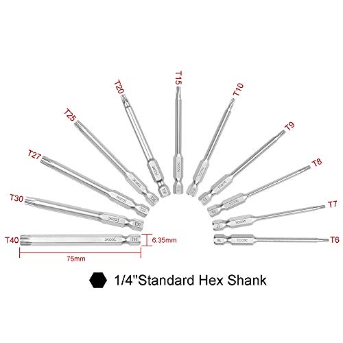 Screwdriver Bit Set Torx, 11 Pcs 1/4 Inch Hex Shank T6-T40 Magnetic S2 Steel Torx Security Head Screwdriver Drill Set Bits with Case (3 Inch Length)
