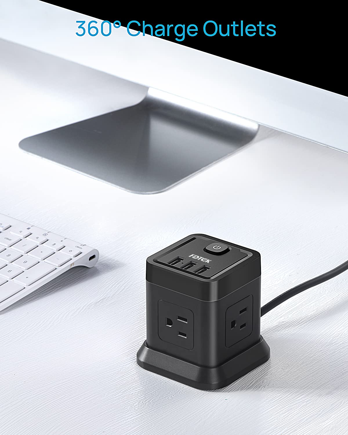 Power Strip with USB, FDTEK Flat Plug Extension Cord with 4 AC and 3 USB, 5 FT Power Cord Desktop Charging Station, Overload Protection, Compact Portable for Travel Home Office Cruise Ship - Black