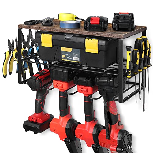 Power Tool Organizer Power Tool Storage Rack Drill Holder Wall Mount Heavy Duty Floating Tool Shelf Drill Charging Station with 4 Hanging Slots for Cordless Drill Workshop Garage Organization brown