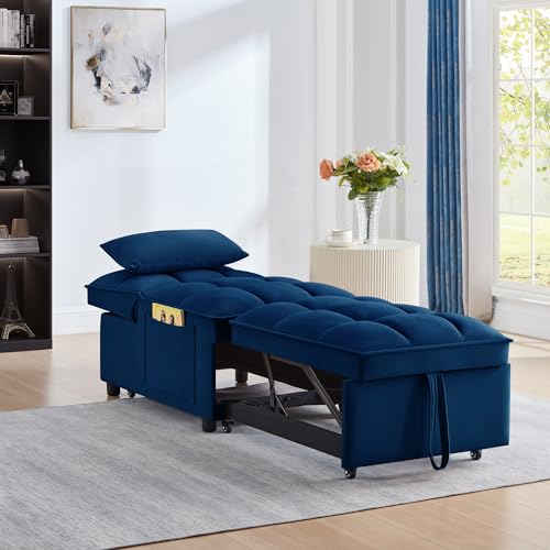 YOPTO Multi-Function Convertible Single Sleeper Sofa Bed with Storage Pockets,Velvet Tufted Pull-Out Couch Bed 4in1 W/Adjustable Backrest & Pillows,Chaise Lounge for Living Room,Small Space,Navy