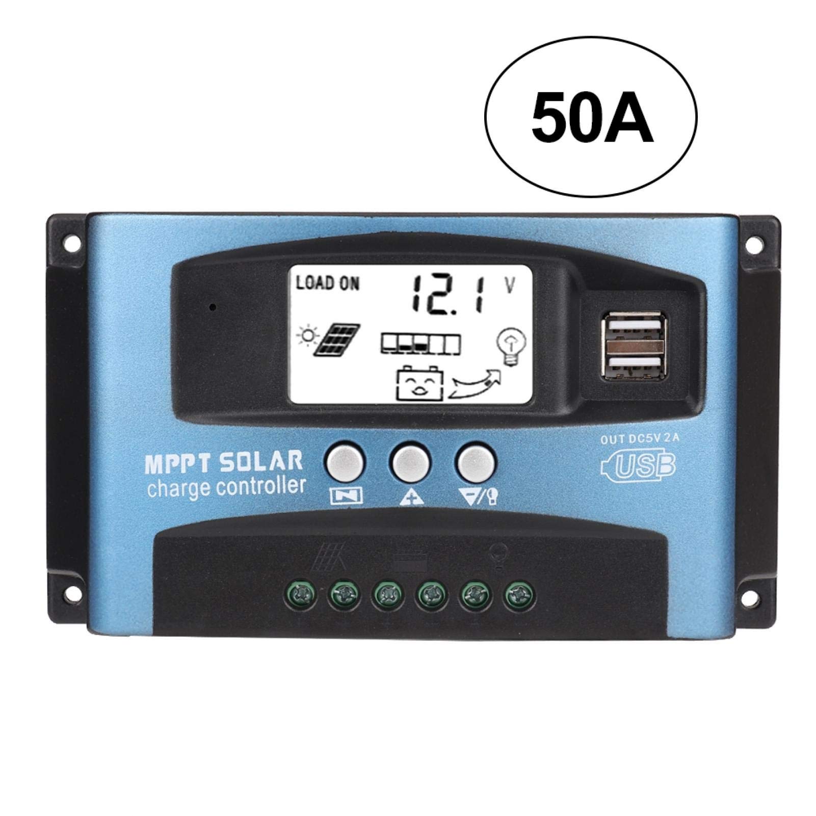 SHYEKYO Solar Charge Controller, 12V/24V MPPT Solar Charge Controller with LCD Real Time Display Solar Panel Intelligent Regulator for Storage Batteries and Loads Work(50A)