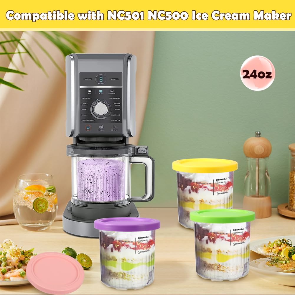 YQL 24oz Creami deluxe Pints for Ninja Creami Deluxe,Compatible with Ninja NC501 NC500 Series Creami Deluxe ice Cream Makers Dishwasher Safe(4 Pack)
