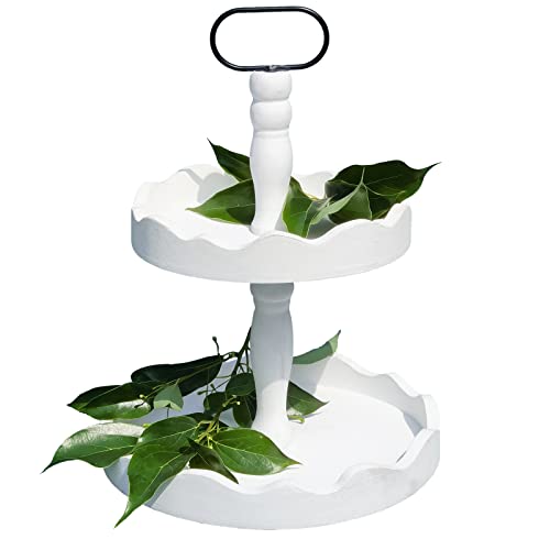 White Wood Two-Tier Tray with Metal Handle, Rustic Decorative Two Tiered Stand,Farmhouse 2 Tier Serving Tray for Kitchen Counter, Coffee Bar, Dining Room Table