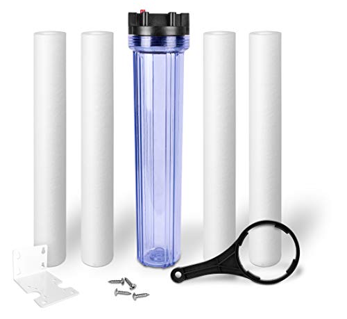 Whole House Water Filter Purifier System, Transparent 20â Housing with Presser Relief Button, 1â Inlet/Outlet & 5 Micron Sediment Water Filter Cartridge with 3 Replacement Filters