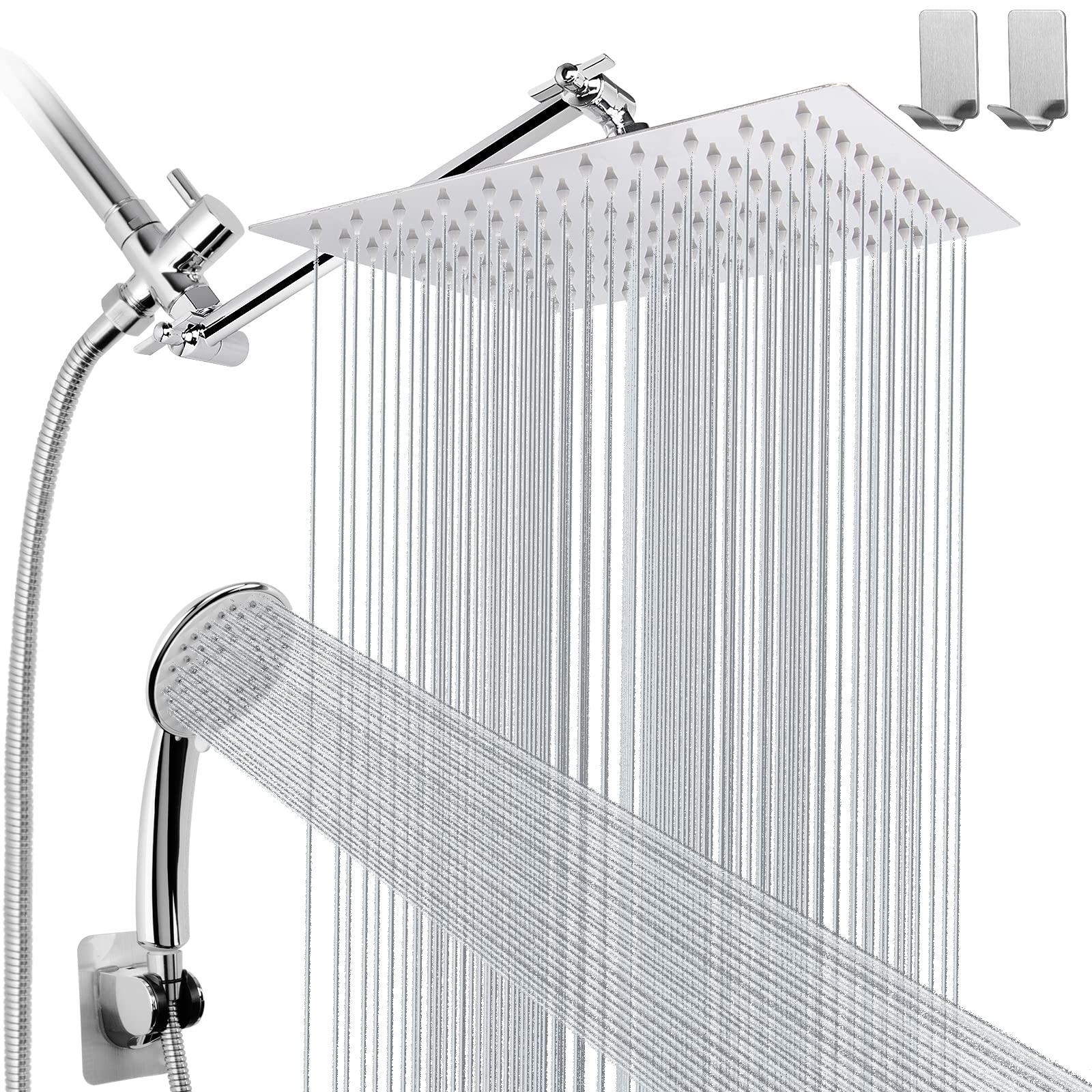 Shower Head Combo with 11'' Extension Arm,High Pressure Rain Shower Head with Handheld Shower Spray and Holder/ 1.5M Hose,Dual Rainfall Showerhead Set,Chrome (10 Inch)