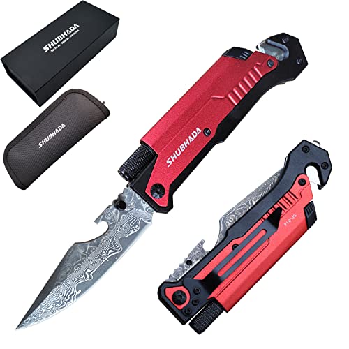 SHUBHADA Damascus Steel Folding Pocket Knives Multi Function Emergency Tool Knives Led Light Magnesium fire starter Seatbelt cutter Glass breaker Bottle opener (Red)